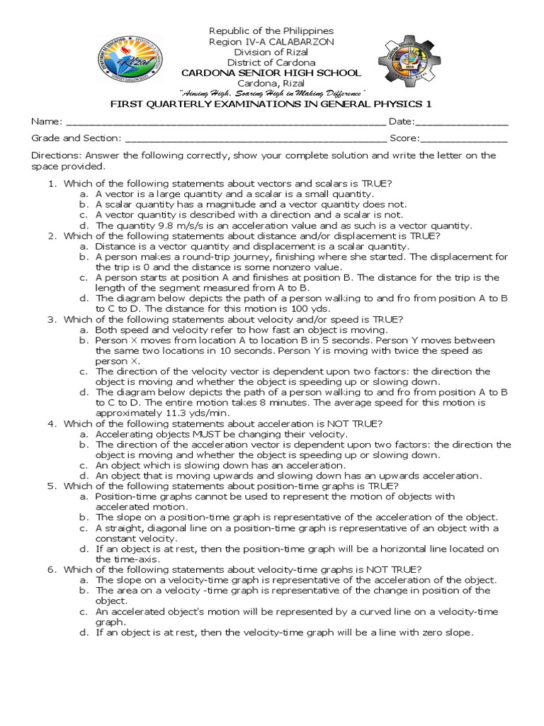 First Quarterly Exam in Physics 1 | PDF | Acceleration | Force