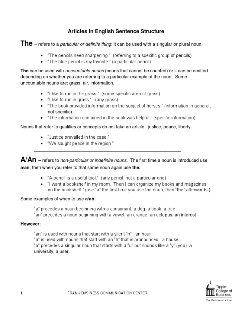 The Use of Articles in English Sentence Structure: Guidance on Using ...
