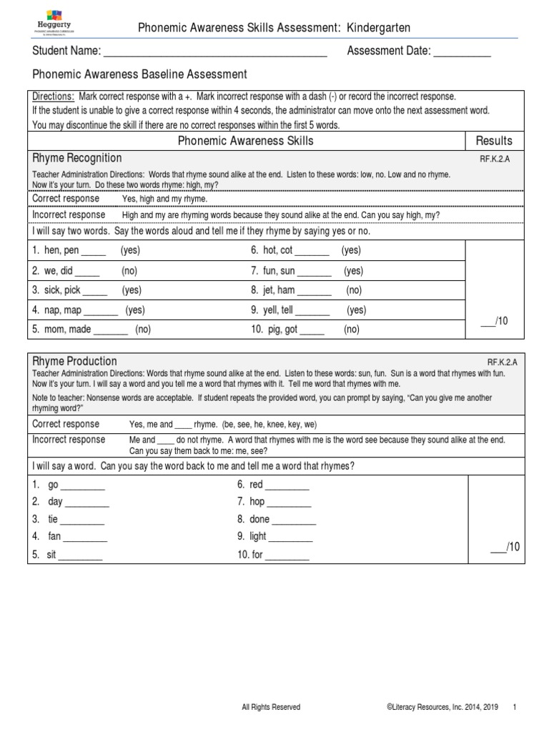 Kindergarten Baseline Phonemic Awareness Assessment | PDF | Syllable ...