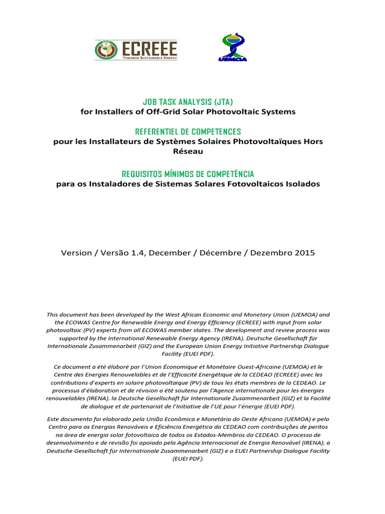 Job Task Analysis Jta Off-Grid Solar PV Installer en FR PT 1 | PDF ...
