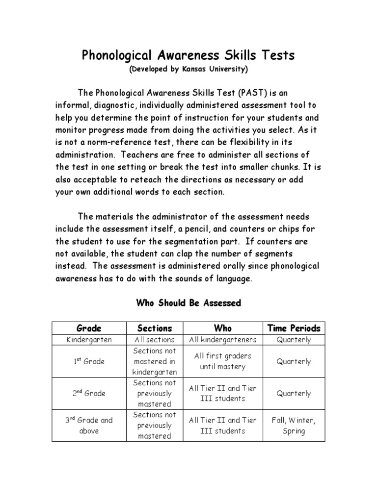 Phonological Awareness Skills Tests | PDF | Syllable | Phonetics