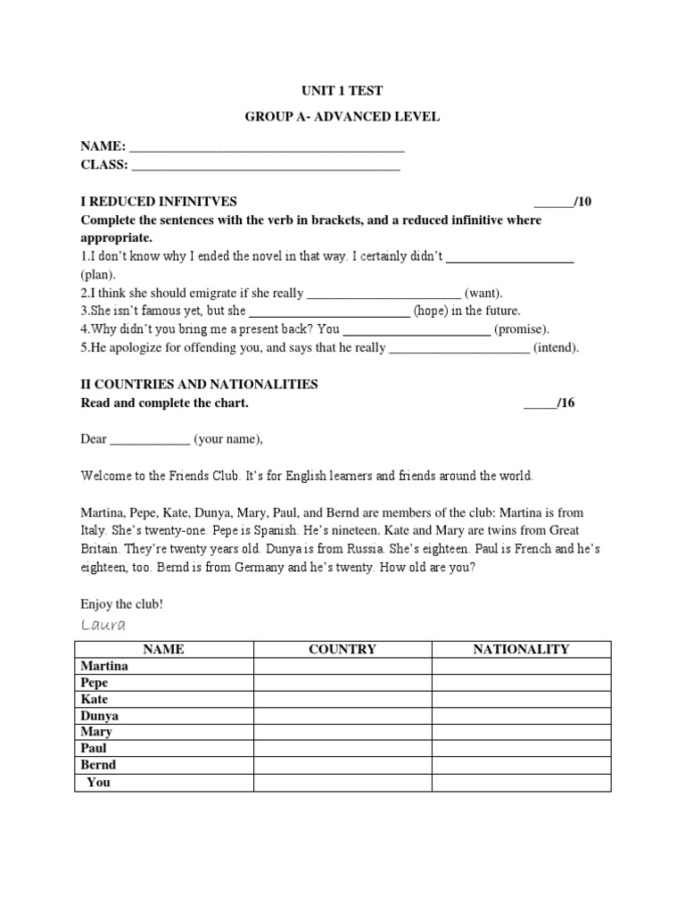 UNIT 1 TEST Advanced Gr.a | PDF