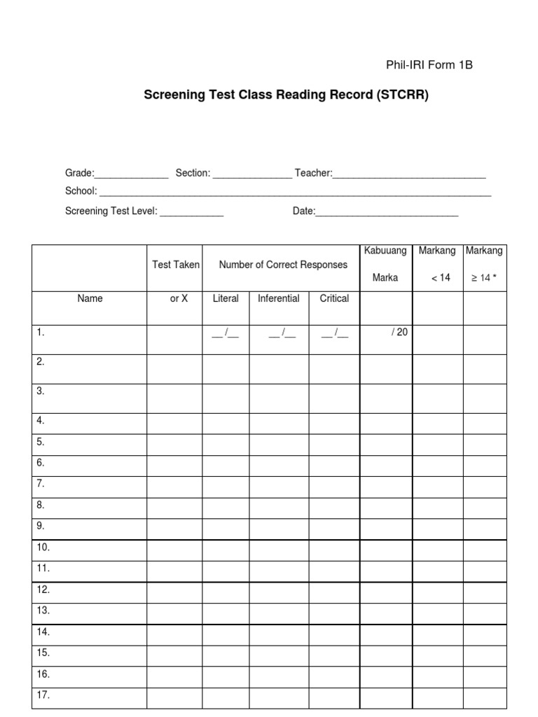 Screening Test Class Reading Record (STCRR) : Phil-IRI Form 1B | PDF ...