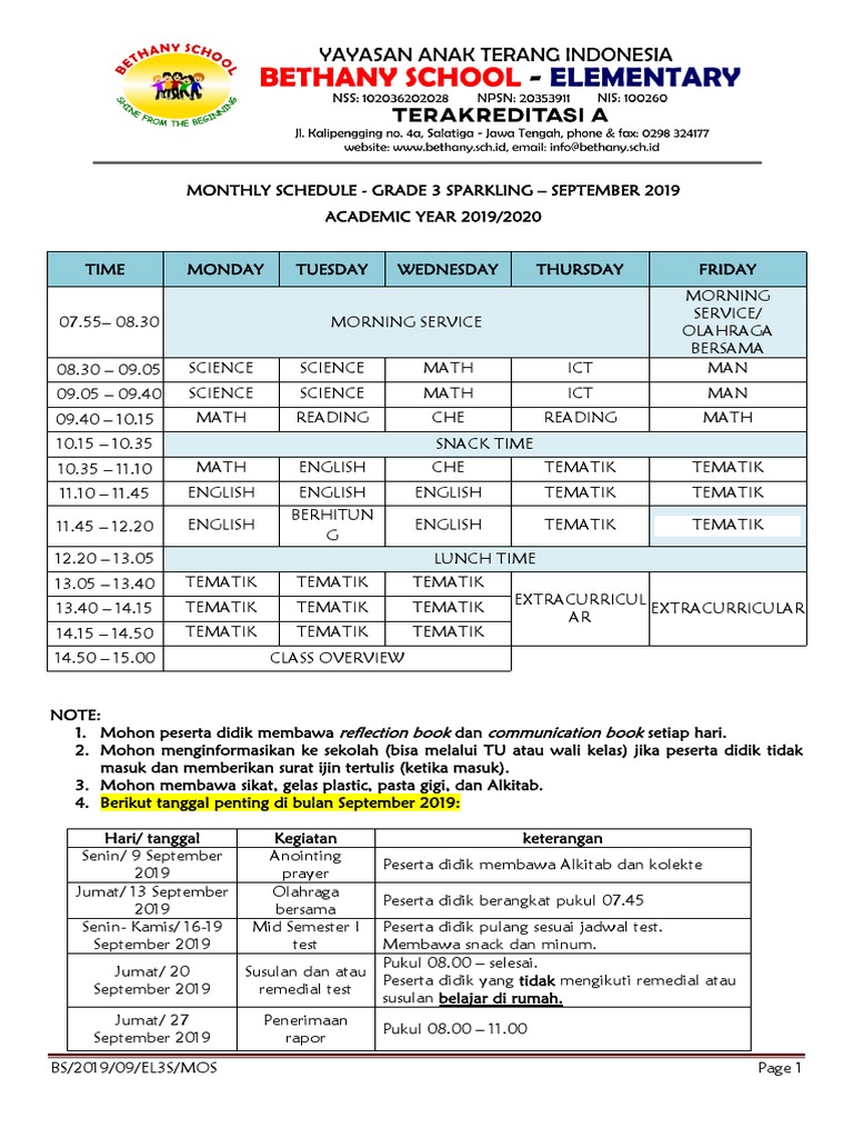 Grade 3 September 2019 Schedule | PDF