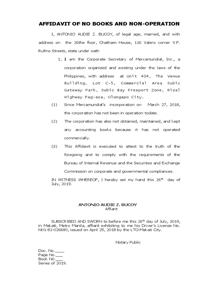 Affidavit of No Books and Non-Operation | PDF | Finance & Money Management
