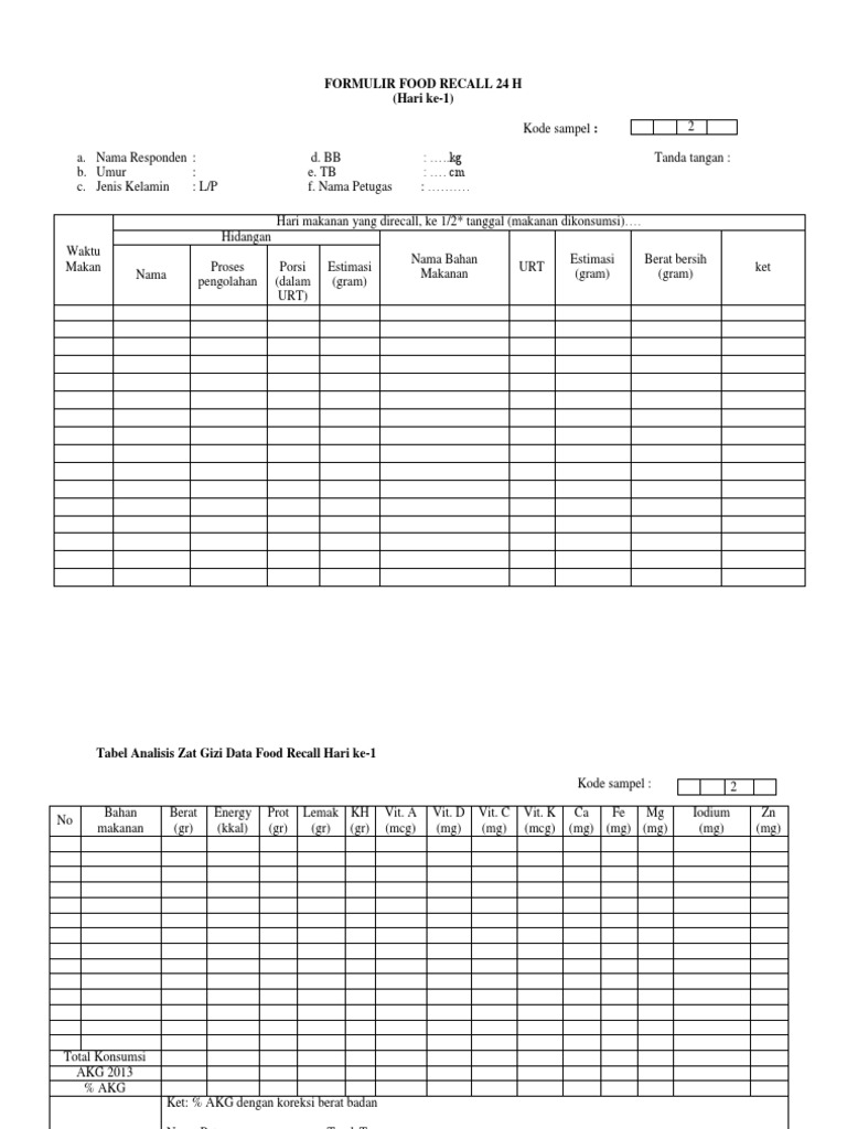 Formulir Food Recall 24 H | PDF