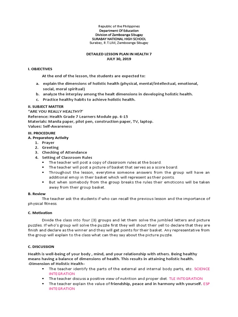 Detailed Lesson Plan in Health 7 JULY 30, 2019 I. Objectives | PDF ...