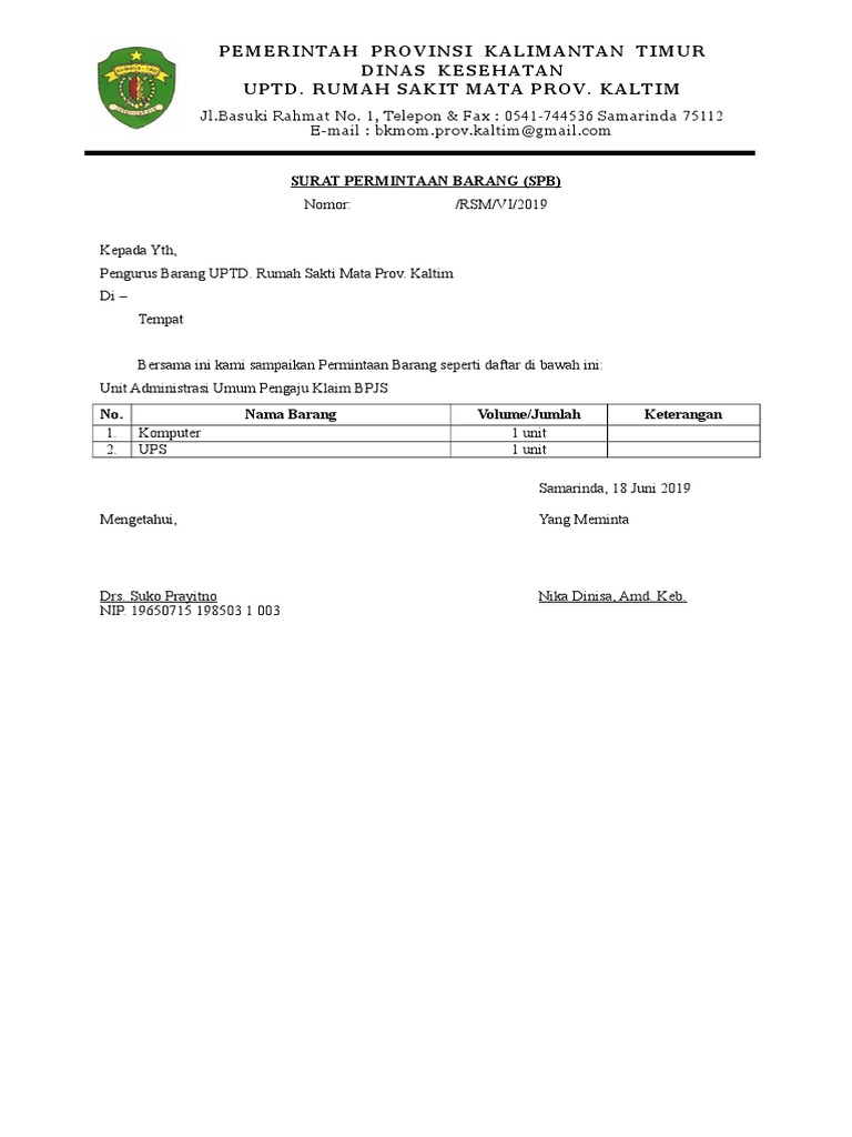 Contoh Surat Permintaan Barang RS Kaltim | PDF