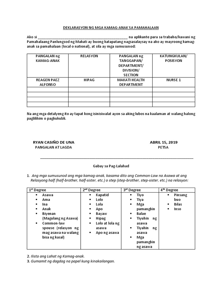 Deklarasyon NG Mga Kamag Blank | PDF