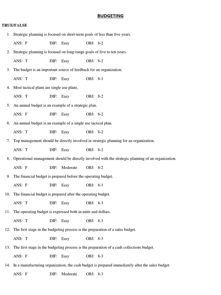 Budgeting: True/False | PDF | Inventory | Expense