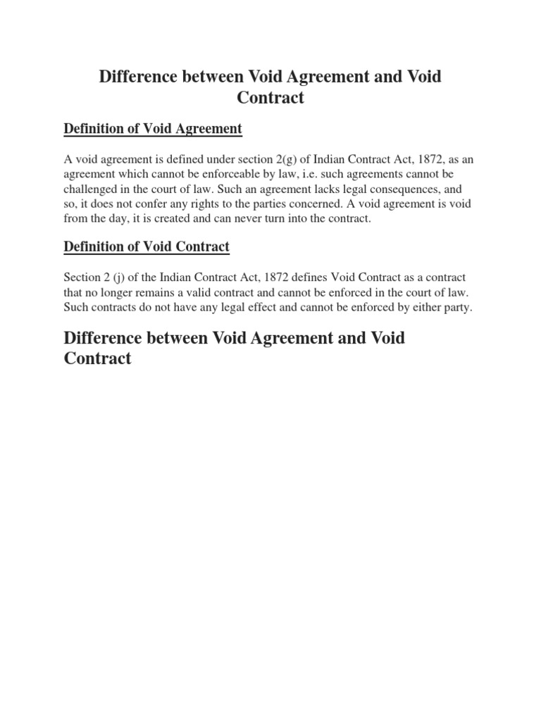 Difference Between Void Agreement and Void Contract | PDF