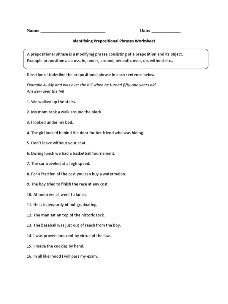 Identifying Prepositional Phrases Worksheet | PDF