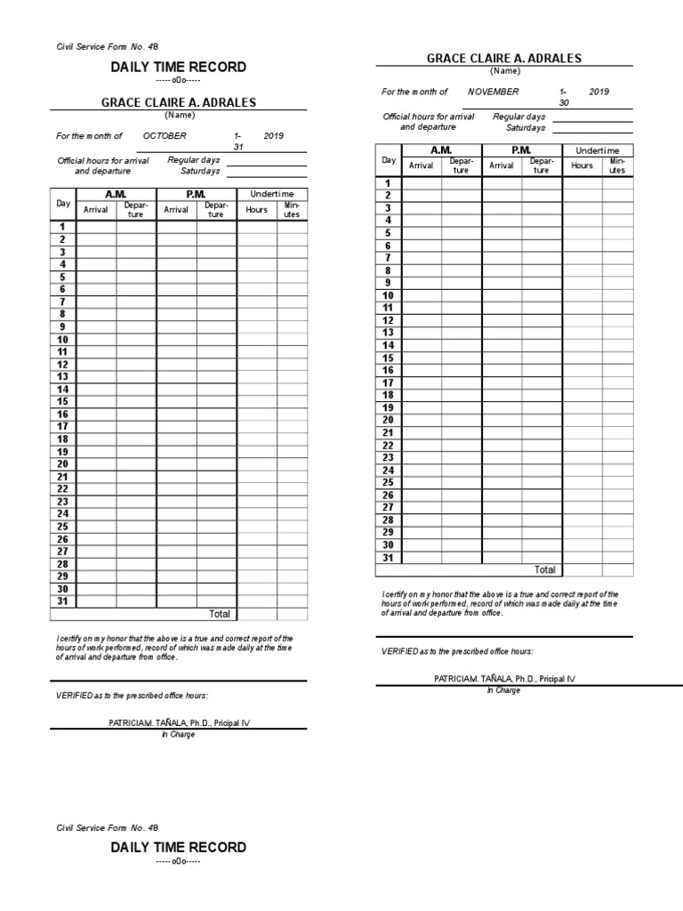 Daily Time Record for October-November 2019 | PDF | Theory Of ...