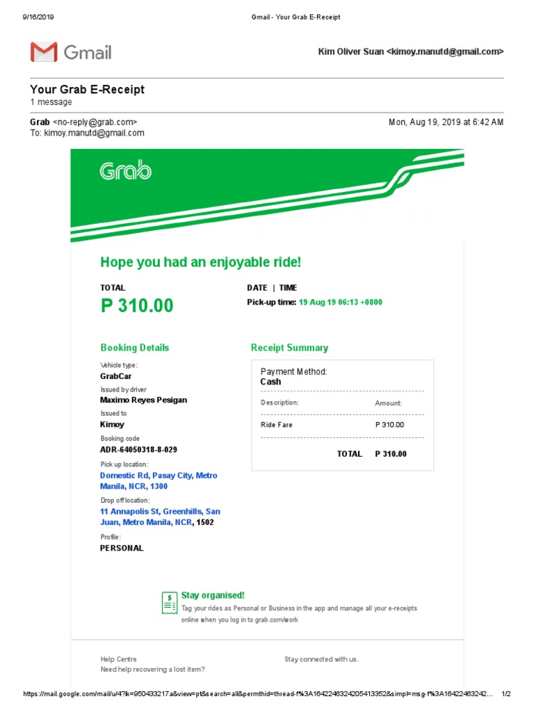 Hope You Had An Enjoyable Ride!: Your Grab E-Receipt | PDF