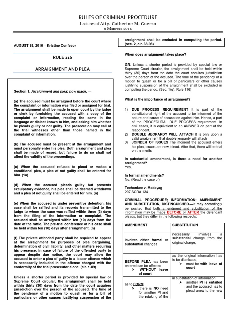 Rule 116 | PDF | Plea | Arraignment
