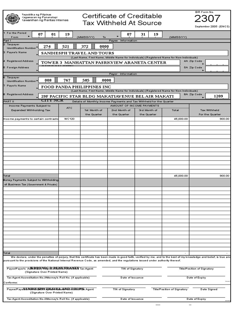 Certificate of Creditable Tax Withheld at Source: Kawanihan NG Rentas ...