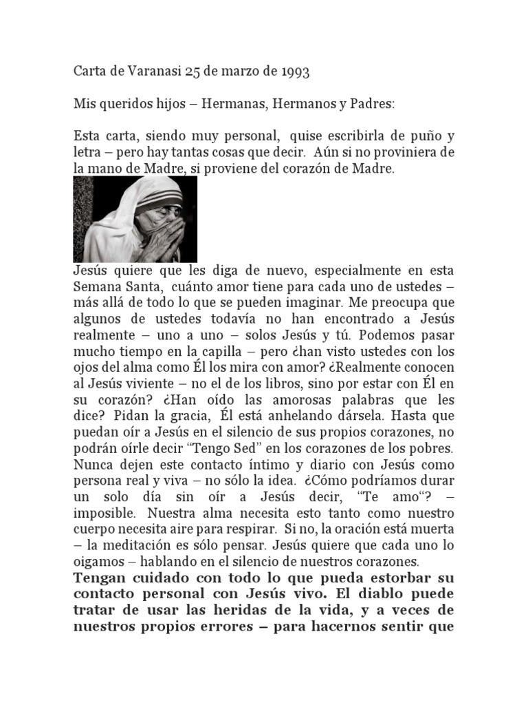 Carta de Varanasi 25 de Marzo de 1993 Santa Teresa de Calcuta | PDF ...