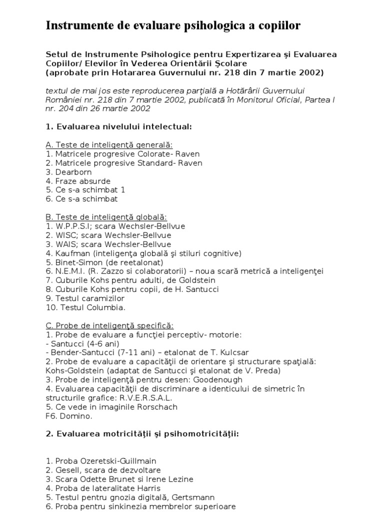 Instrumente de Evaluare Psihologica | PDF
