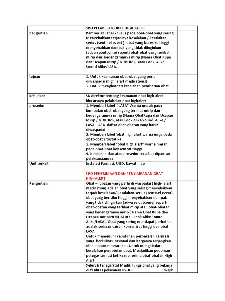 Spo Pelabelan Obat High Alert | PDF