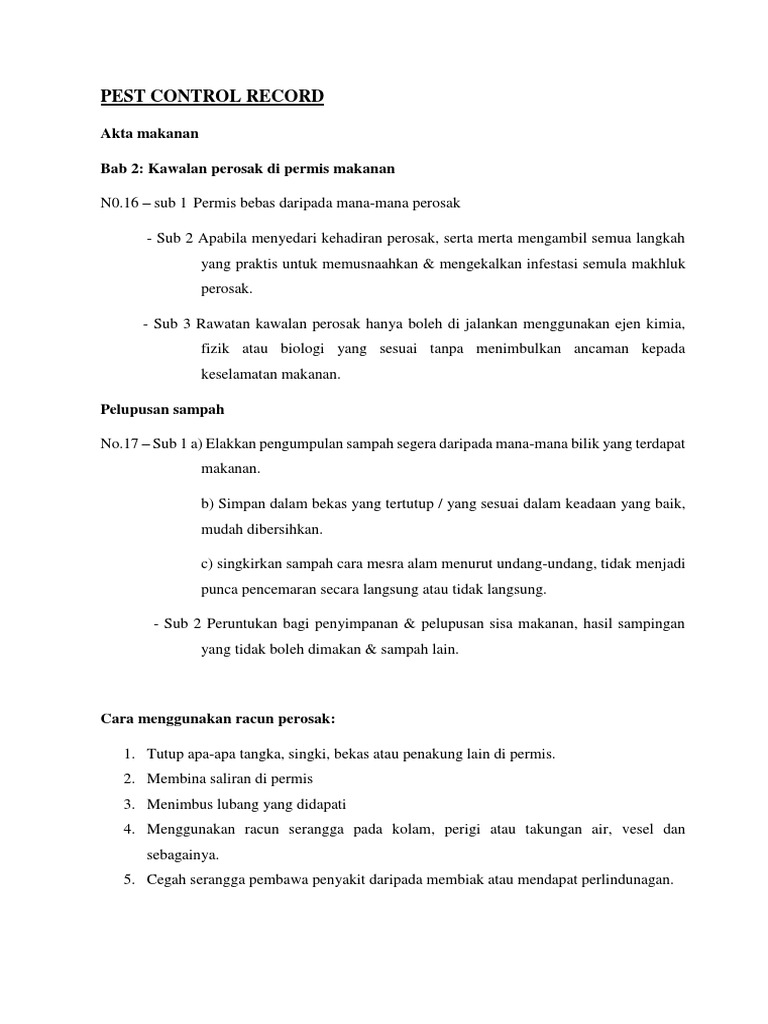 Pest Control Record & Effective Schedule Sanitation System | PDF