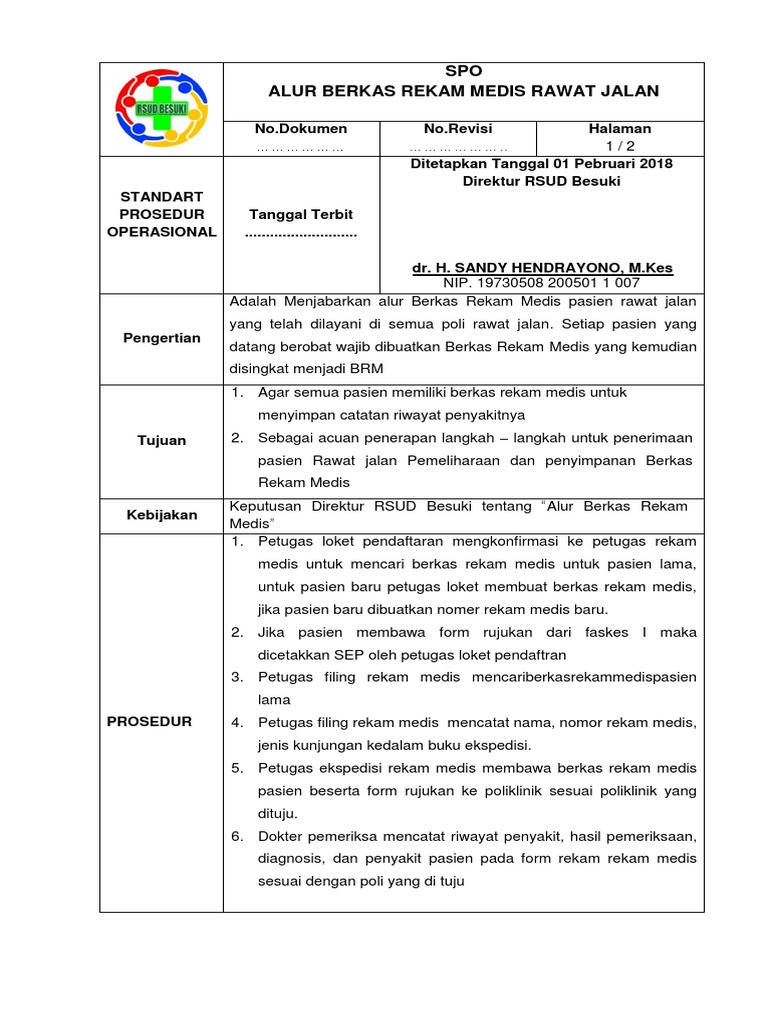 STANDAR PROSEDUR OPERASIONAL ALUR BERKAS REKAM MEDIS RAWAT JALAN | PDF