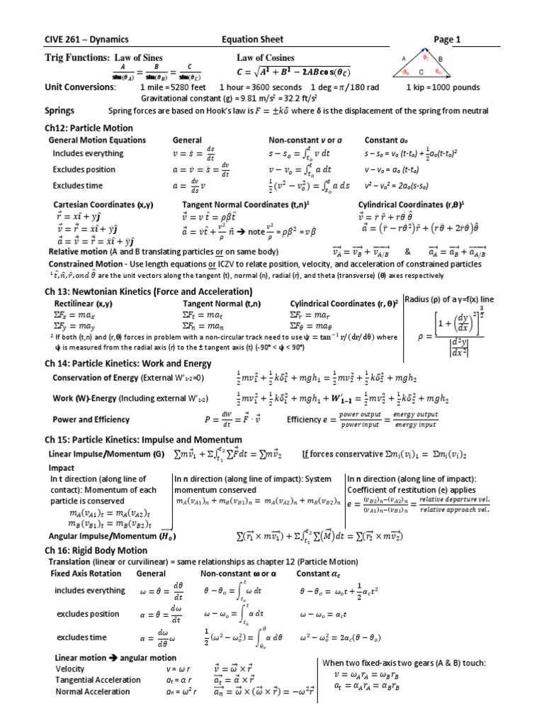 Dynamics FULL Equation Sheet | PDF | Kinematics | Acceleration