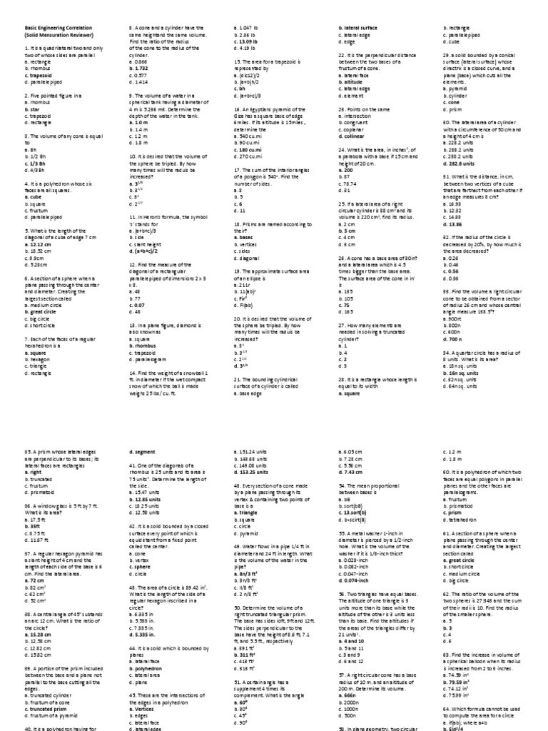 Basic Engineering Correlation Solid Mensuration PDF | PDF | Area | Sphere