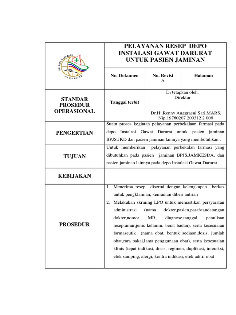 Spo Pelayanan Resep Depo Igd Untuk Pasien Jaminan | PDF | Kesehatan ...