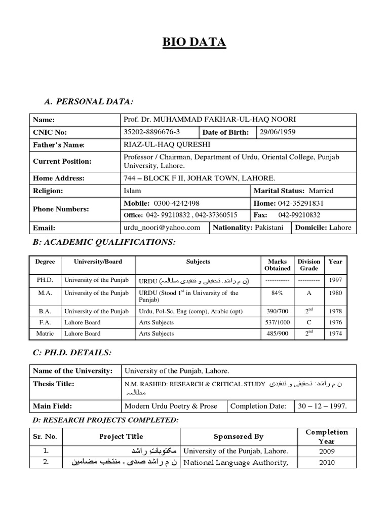 Prof. Dr. Muhammad Fakhar's Bio Data | PDF | Academia