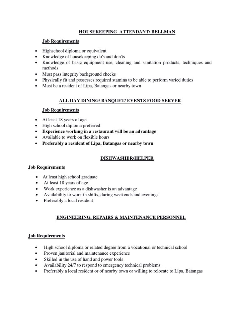 Housekeeping Attendant/ Bellman Job Requirements | PDF | Diploma | Business