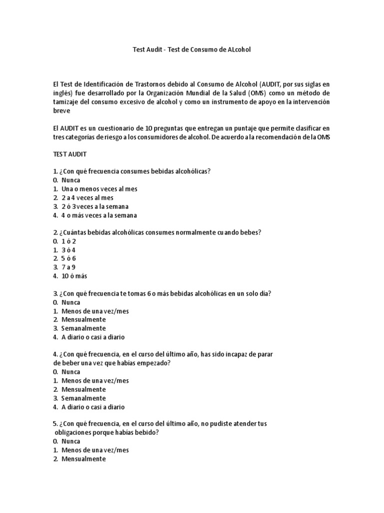 Test Audit - Test de Consumo de ALcohol | PDF | Medicina ...