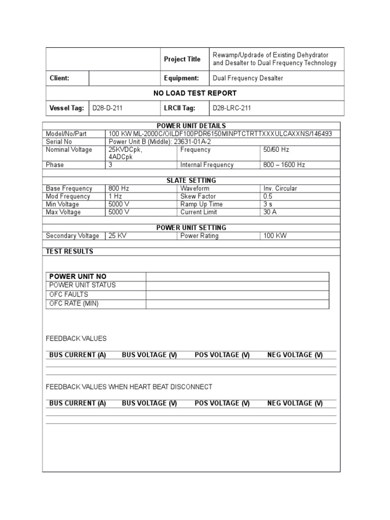 No Load Test Report: Project Title Client: Equipment | PDF