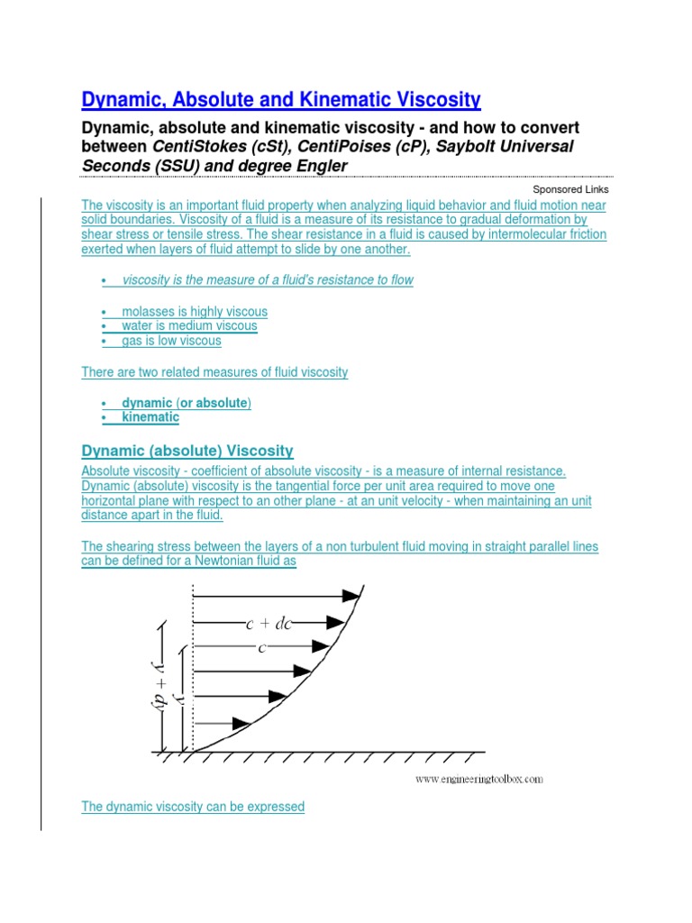 Dynamic, Absolute and Kinematic Viscosity | PDF | Viscosity | Shear Stress
