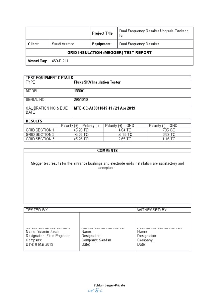 Grid Insulation (Megger) Test Report: Project Title Client: Equipment | PDF