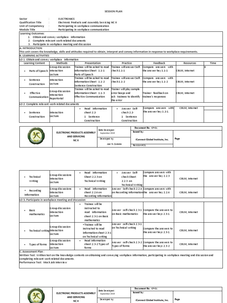 SESSION PLAN EPAS Basic Competency Session Plan | PDF | Occupational ...