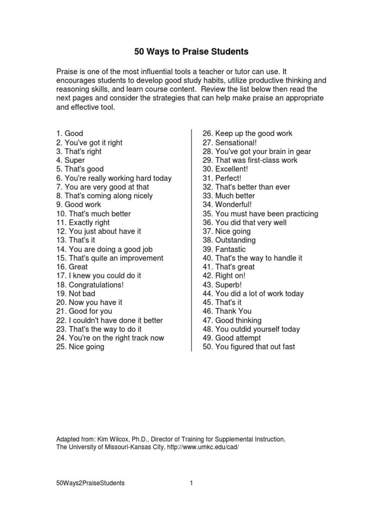 Classroom 50 Ways To Praise Students PDF | PDF | Educational Psychology ...
