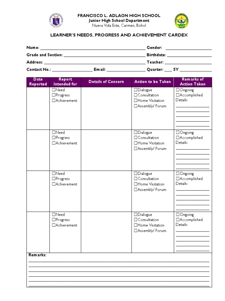 Student Progress and Communication Cardex | PDF | Learning | Behavior Modification