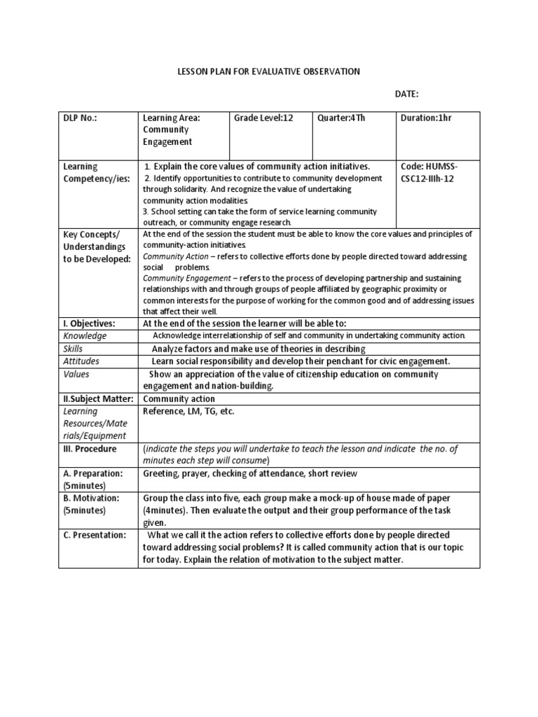 Community Engagement Lesson Plan | PDF | Community | Learning