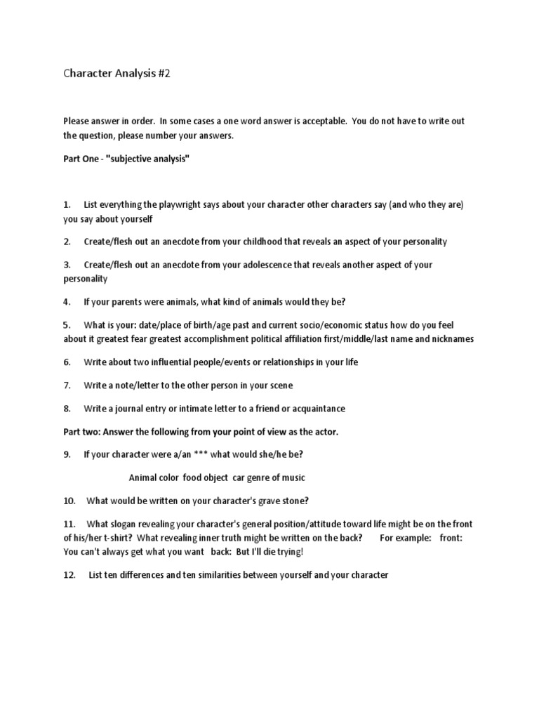 Character Analysis #2: Part One - "Subjective Analysis" | PDF | Question