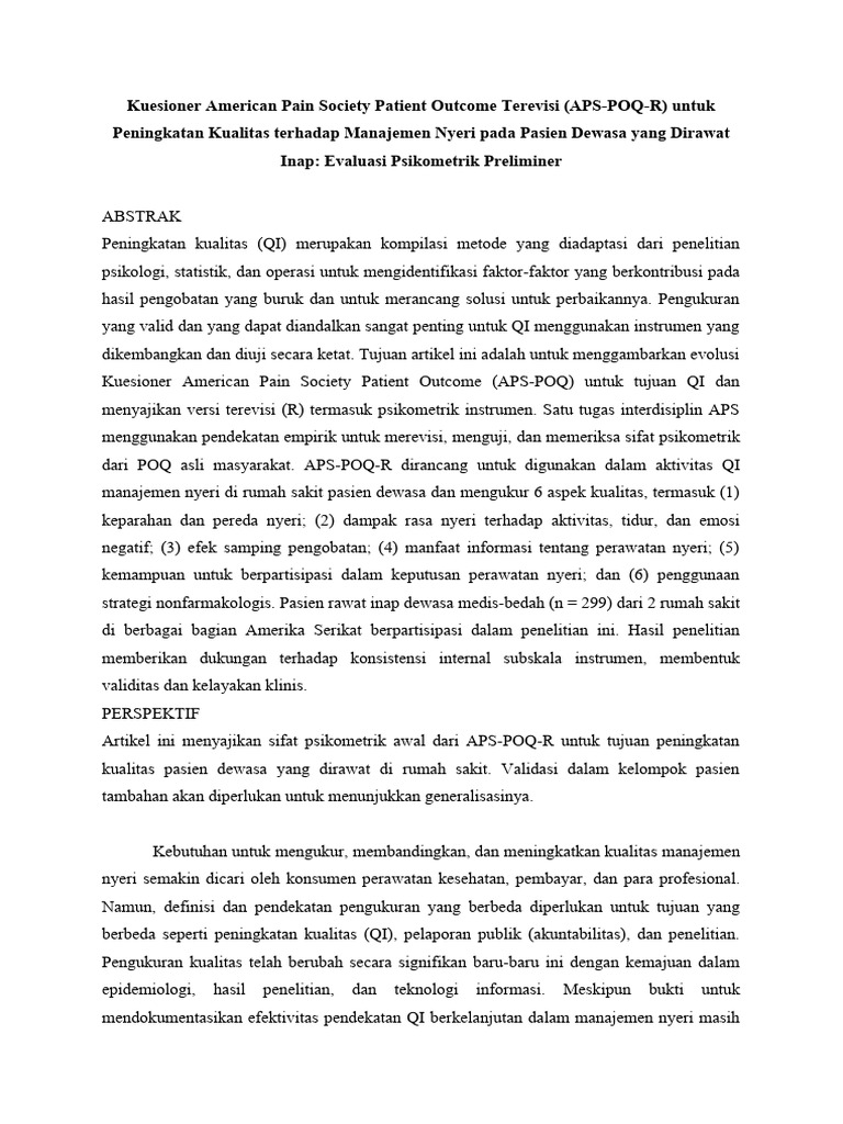 Kuesioner American Pain Society Patient Outcome Terevisi | PDF