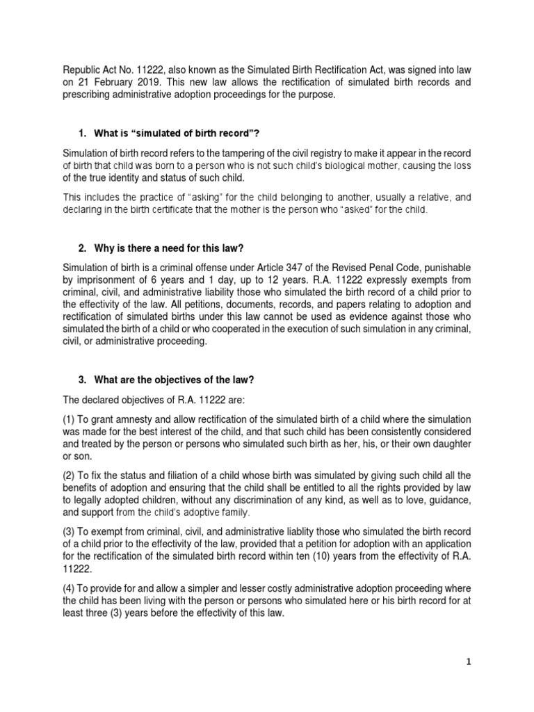 RA 11222 Simulated Birth Rectification Act | PDF | Birth Certificate ...
