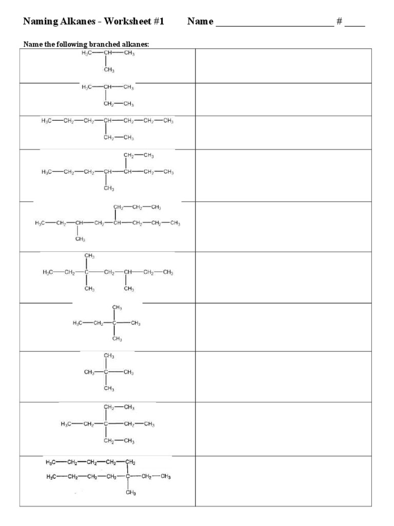 Naming Alkanes - Worksheet #2: Drawing Structural and Line Angle ...