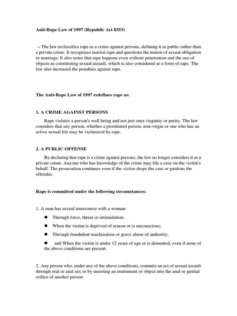 Anti-Rape Law of 1997 (Republic Act 8353) | PDF | Rape | Sexual Assault
