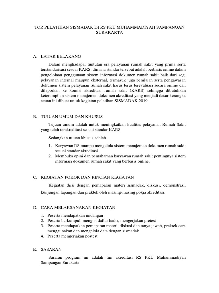 Tor Pelatihan Sismadak Di Rs Pku Muhammadiyah Sampangan | PDF | Karier ...