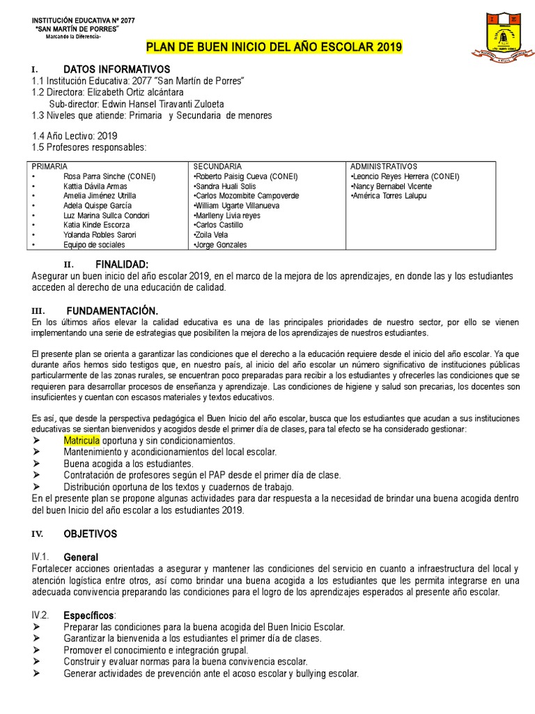 Plan de Buen Inicio Escolar 2019 | PDF | Salón de clases | Educación ...