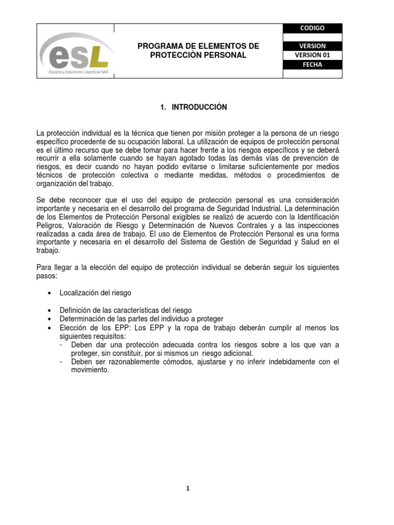 Programa de Protección Personal EPP | PDF | Riesgo | Salud y bienestar