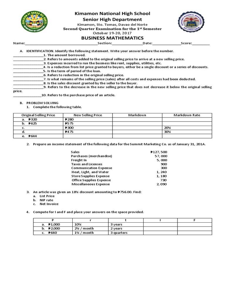 Business Mathematics2nd Quarter | PDF | Prices | Expense