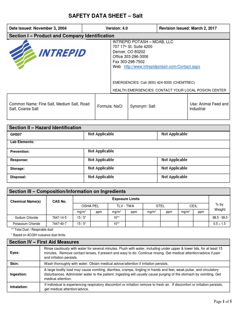 Salt Safety Data Sheet Overview | PDF | Toxicity | Firefighting