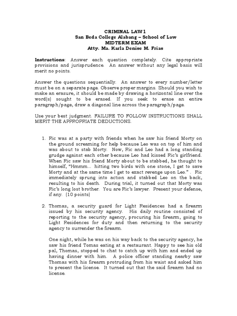 Criminal Law 1 Midterm Exam Guide | PDF | Crime & Violence | Crime Thriller
