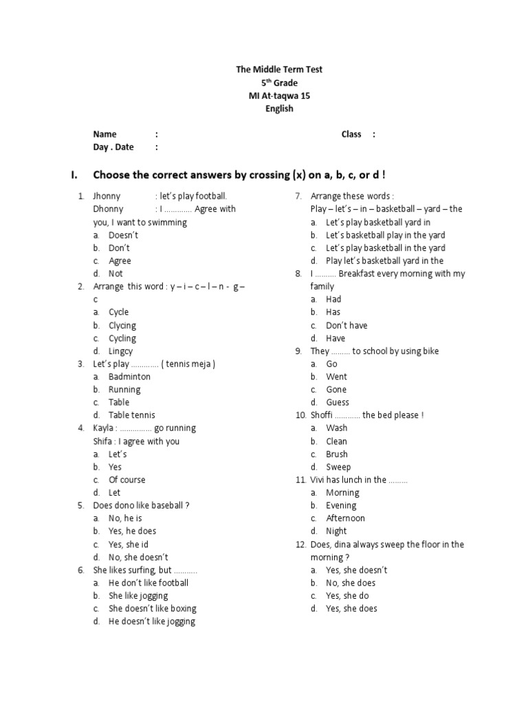 The Middle Term Test 5grade | PDF | Leisure | Sports